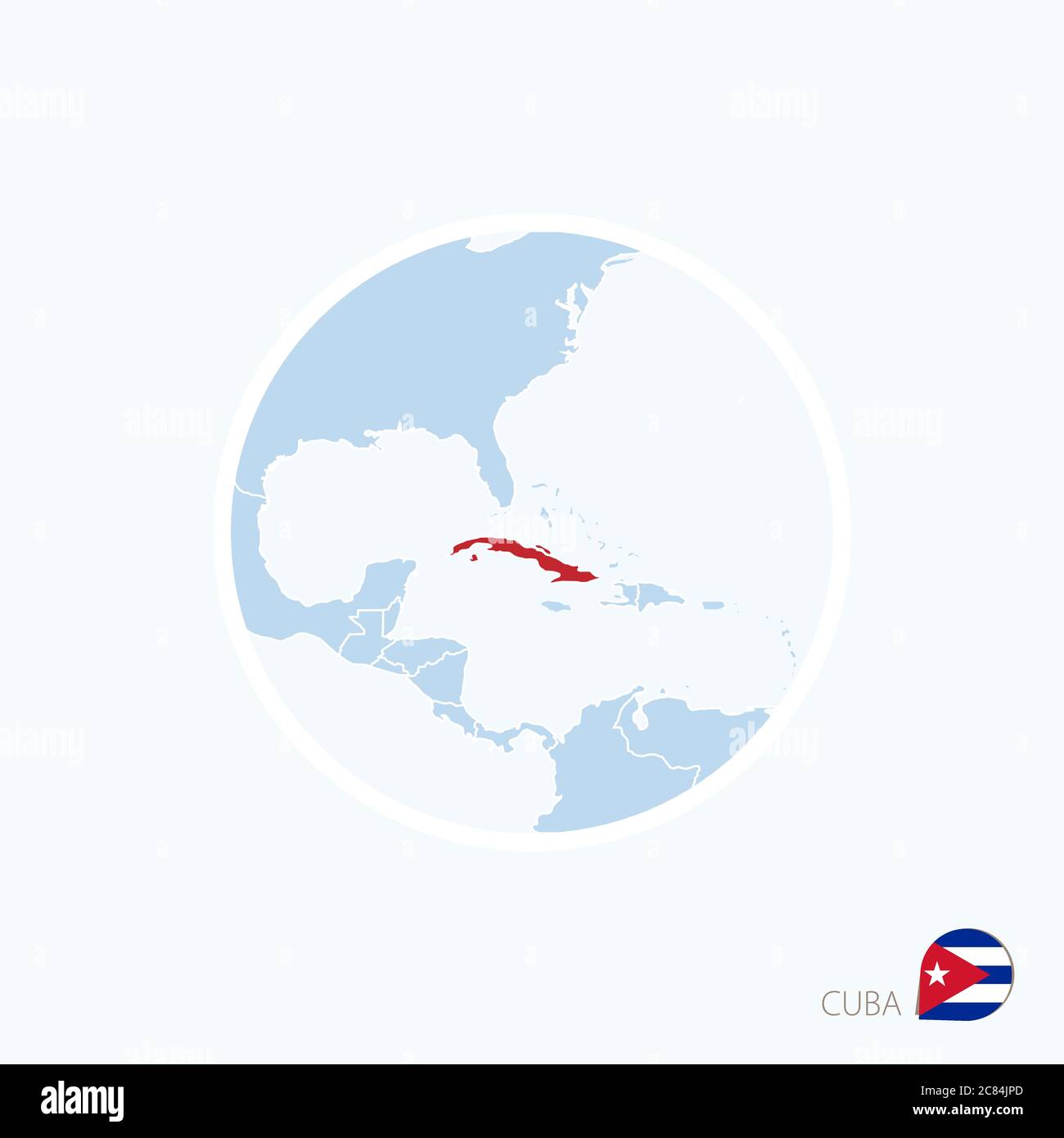 Map icon of Cuba. Blue map of Caribbean with highlighted Cuba in red ...