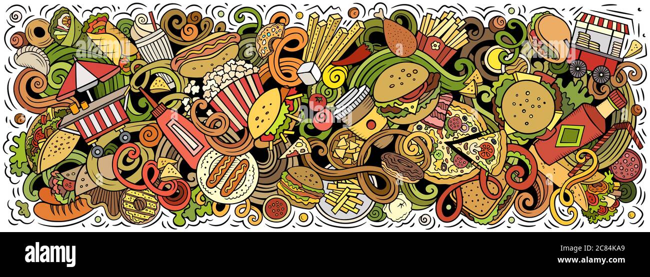 Fastfood hand drawn cartoon doodles illustration. Colorful vector ...