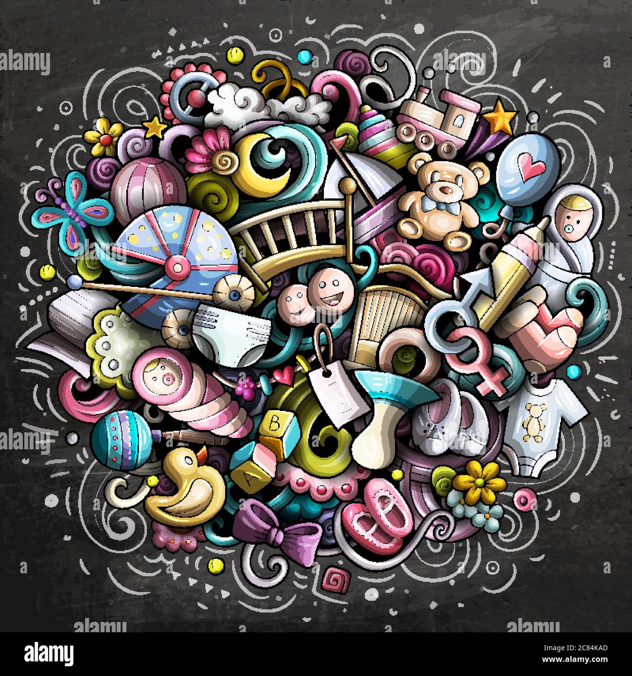 Baby hand drawn cartoon doodles illustration. Vector background Stock ...