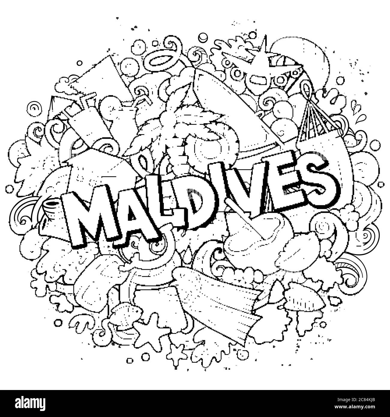 Maldives hand drawn cartoon doodles illustration. Funny travel design ...