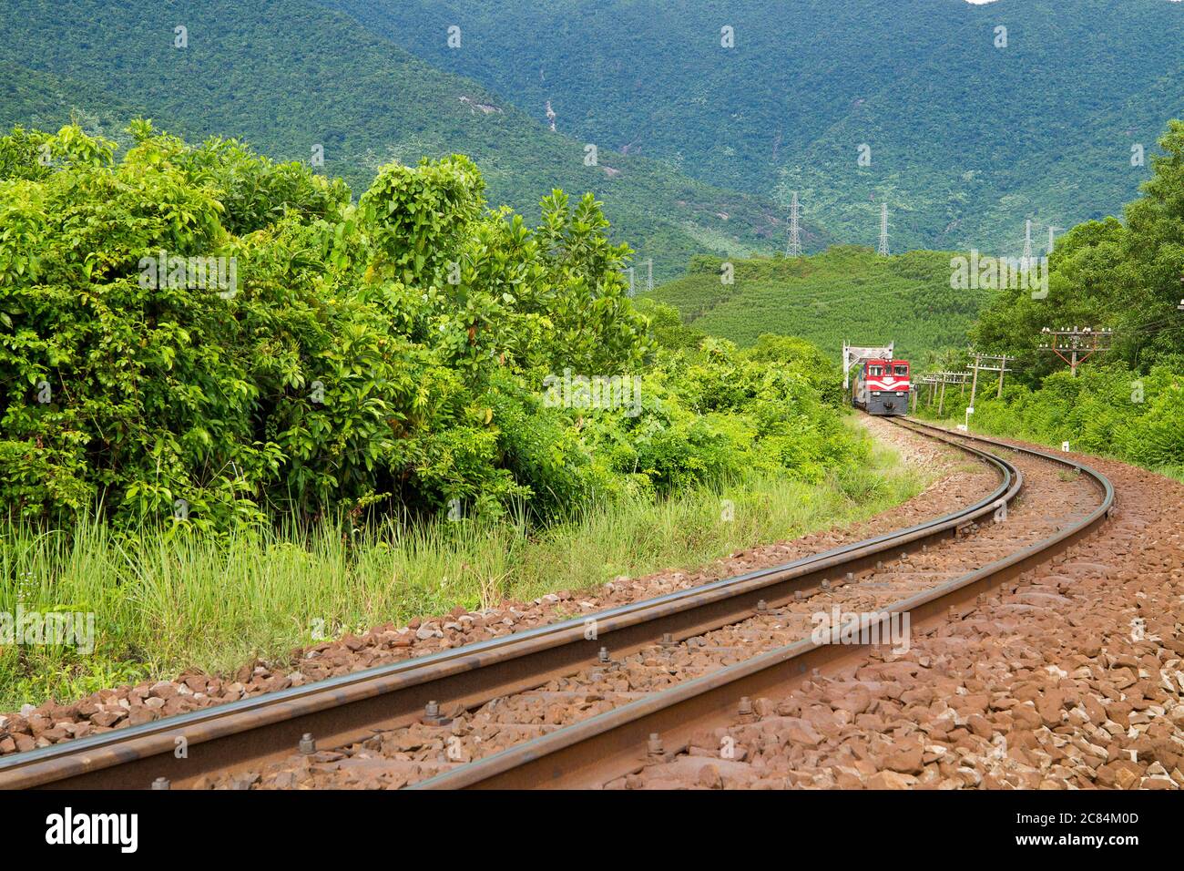 Train is running on railway with mountain view, trees and yellow gravel ...
