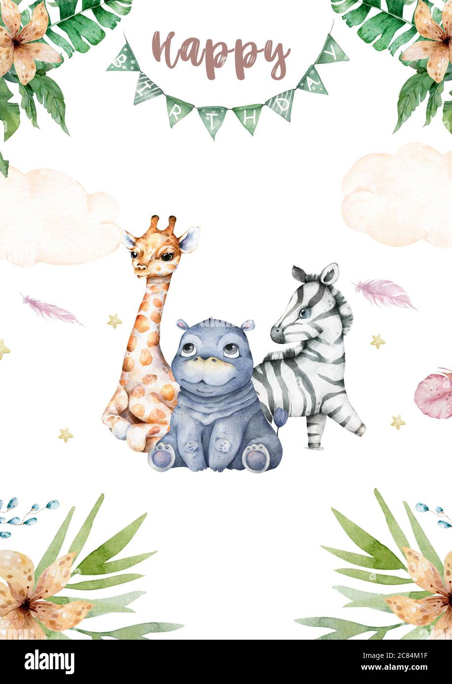 Watercolor cartoon cute baby Zebra, Giraffe and Hippo safari animals ...