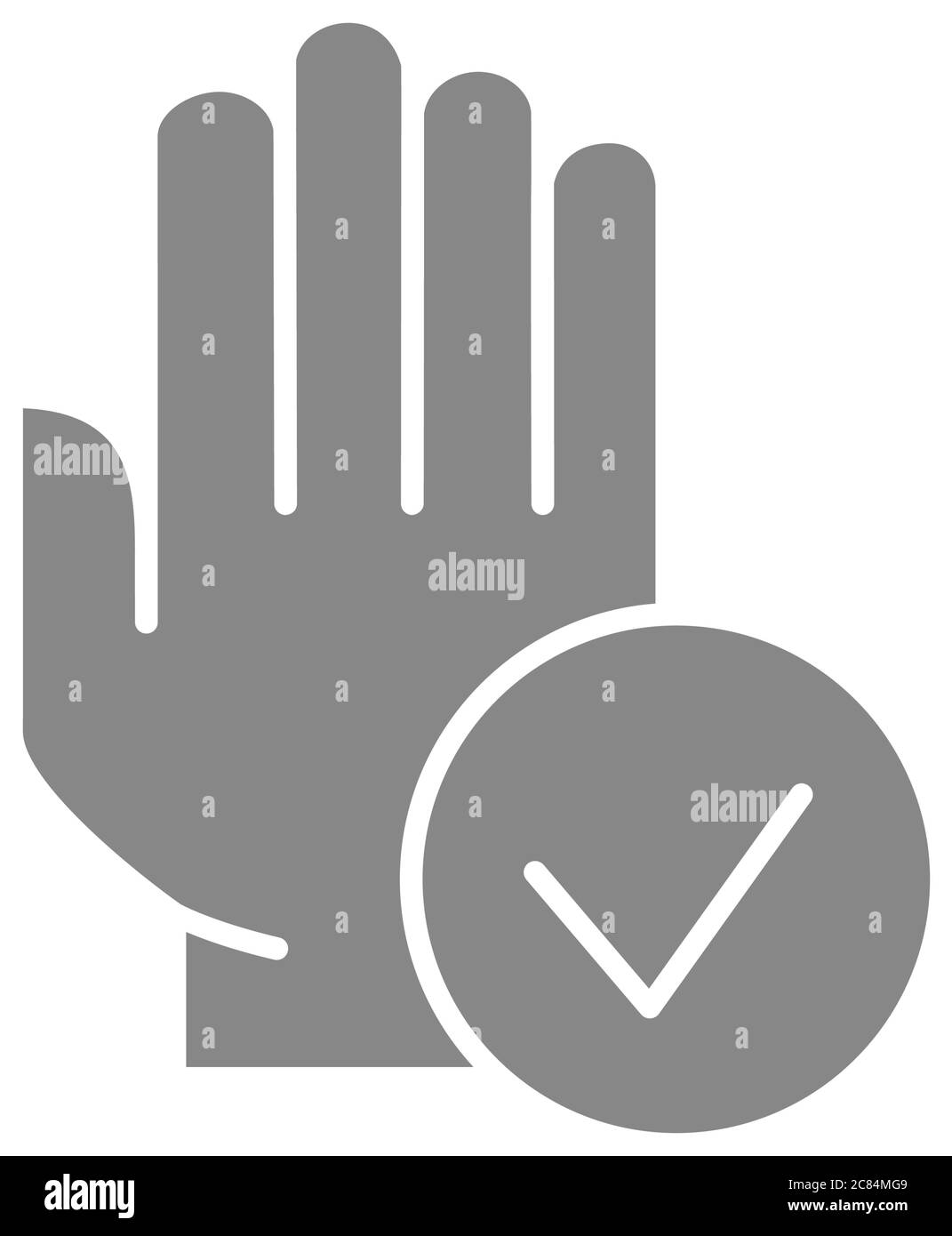 Hand with tick checkmark grey icon. Hygiene, human protection symbol ...