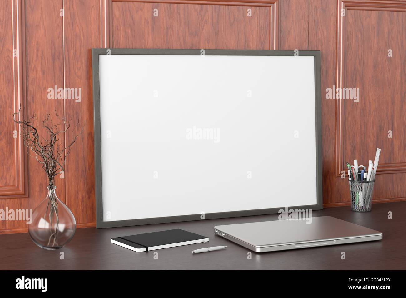 Horizontal poster frame mockup on the black table of home studio ...