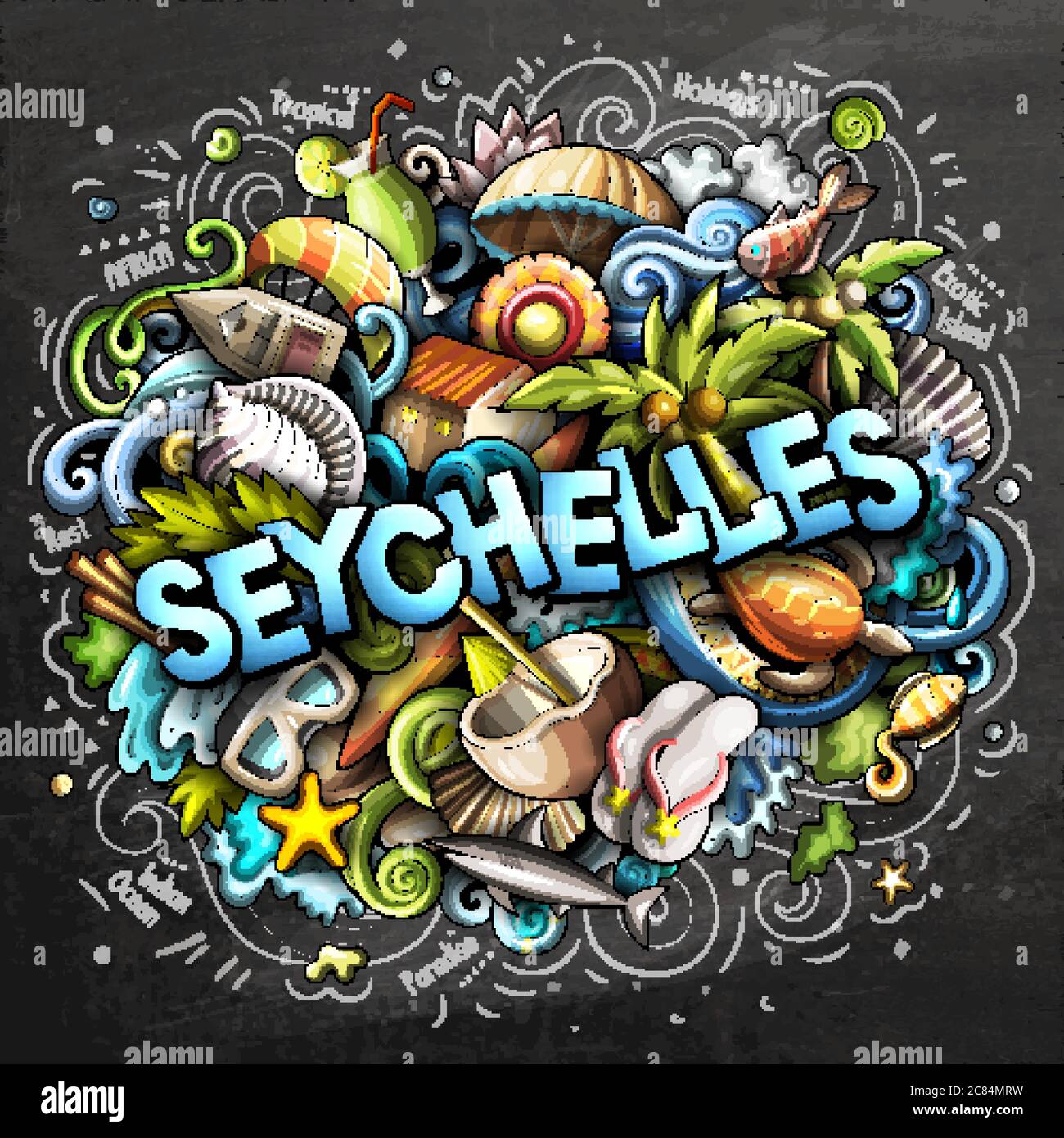Seychelles hand drawn cartoon doodles illustration. Funny travel design ...