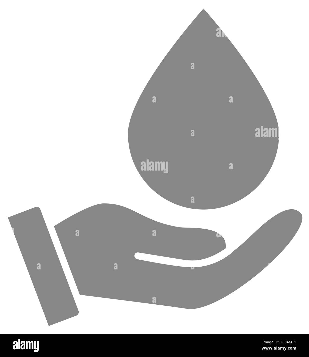Water drop on hand grey icon. Cleaning supply, hand disinfection symbol ...
