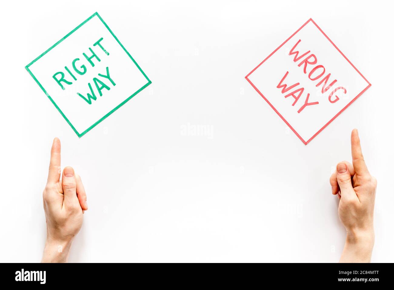 Making desicion concept. Right and wrong way icons, female hands shows ...