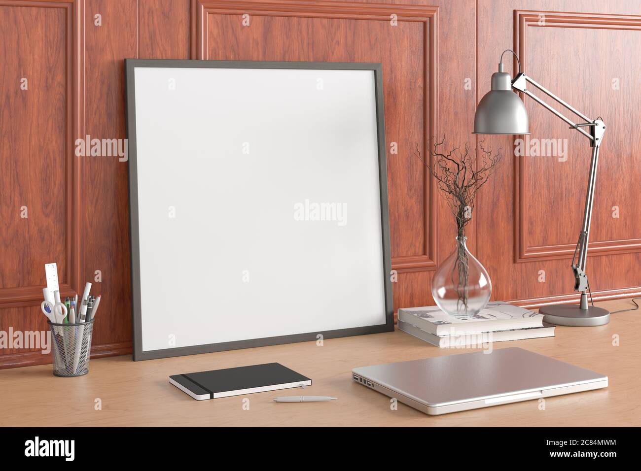 Square poster frame mockup on the wooden table of home studio workspace ...