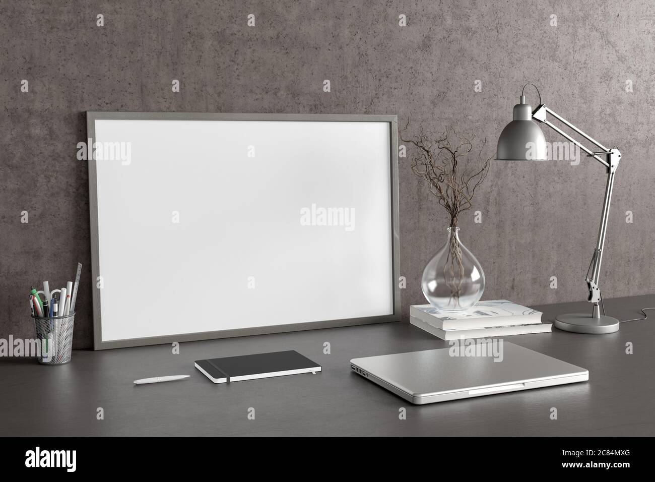 Horizontal poster frame mockup on the black table of home studio ...