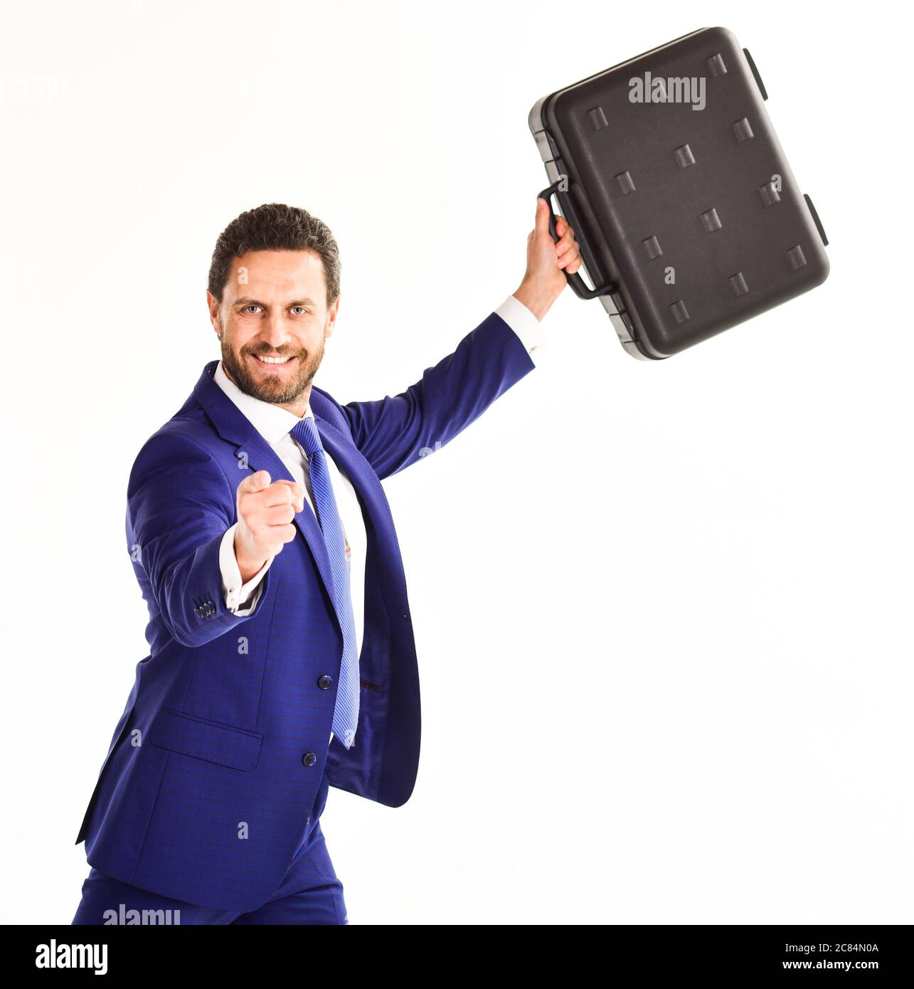 Man in suit or businessman with happy face holds briefcase on white ...