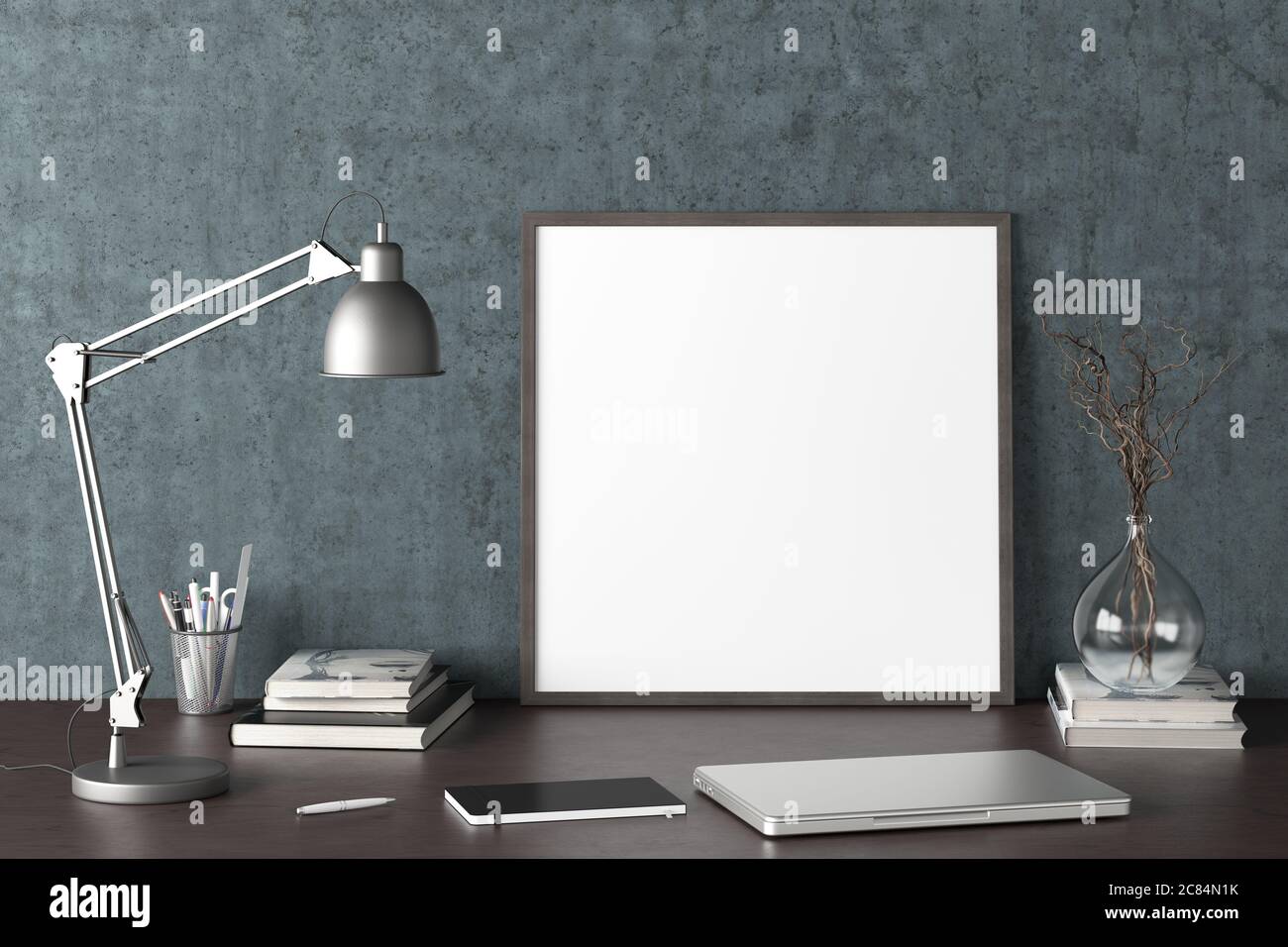 Square poster frame mockup on the black table of home studio workspace ...