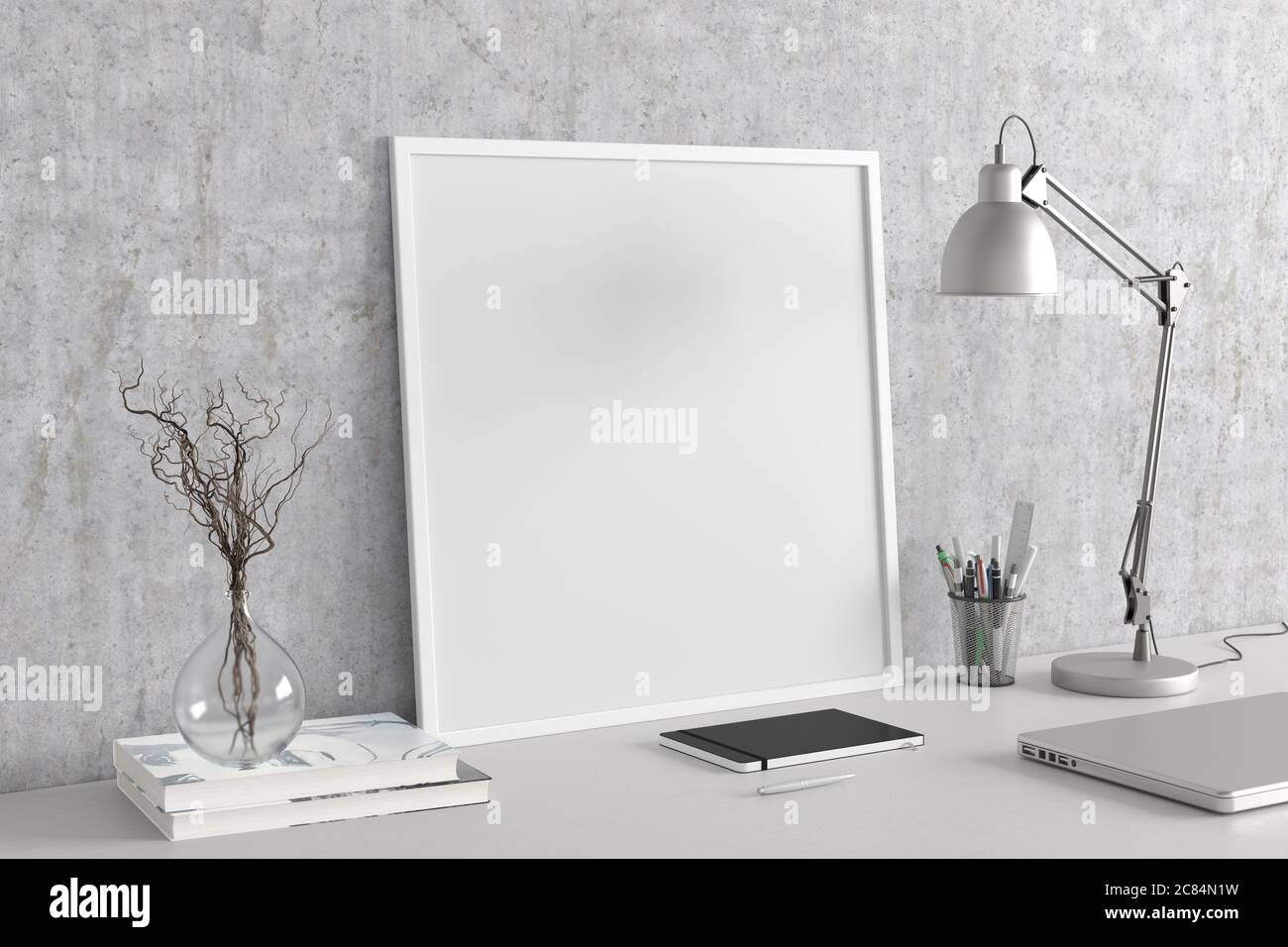 Square poster frame mockup on the white table of home studio workspace ...