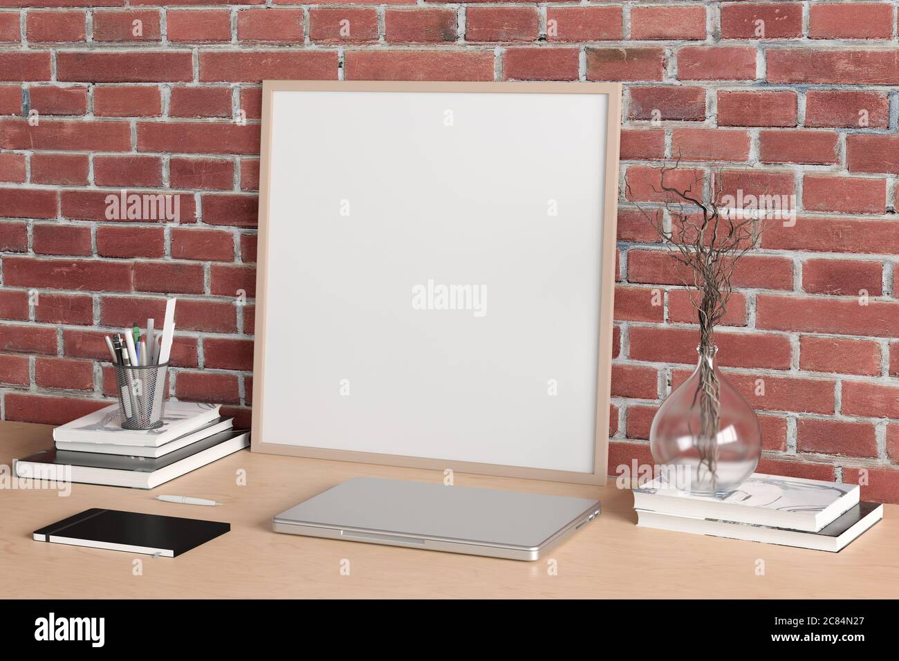 Square poster frame mockup on the wooden table of home studio workspace ...