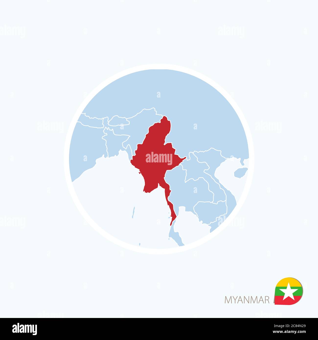 Map icon of Myanmar. Blue map of Asia with highlighted Myanmar in red ...