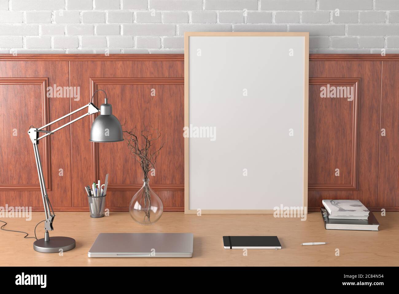 Vertical poster frame mockup on the wooden table of home studio ...