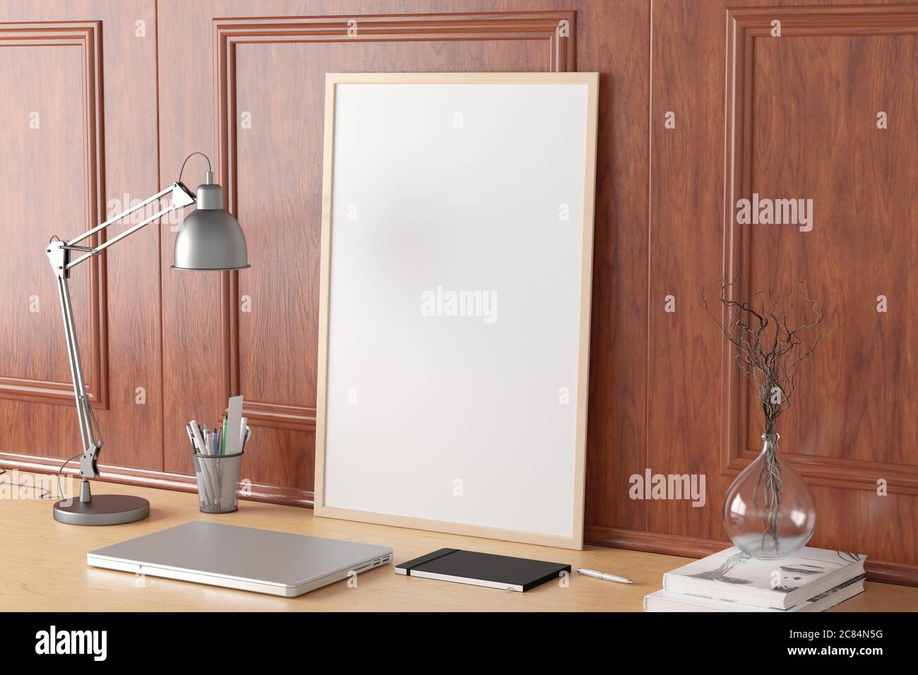 Vertical poster frame mockup on the wooden table of home studio ...