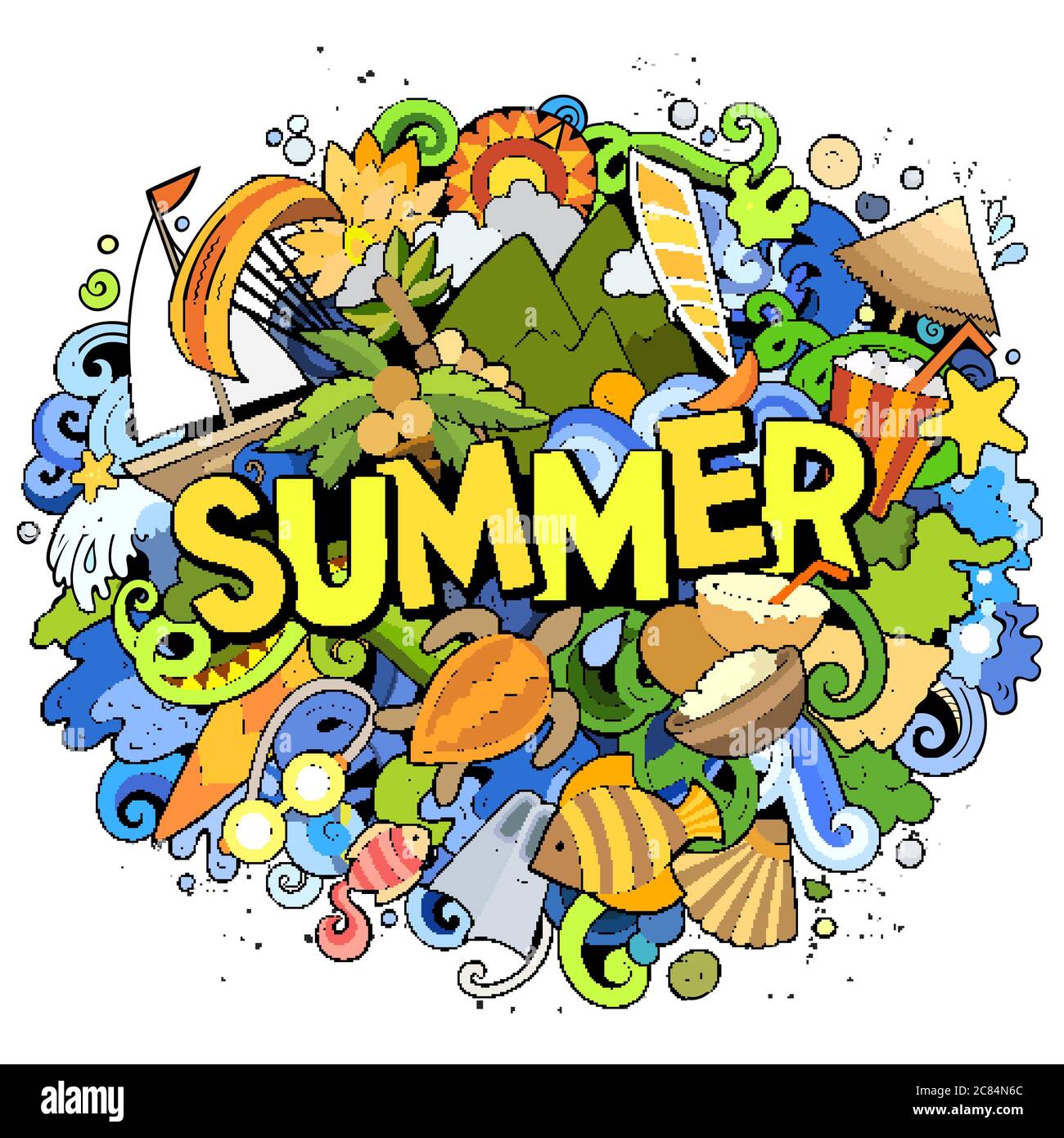 Summer hand drawn cartoon doodles illustration. Funny seasonal design ...