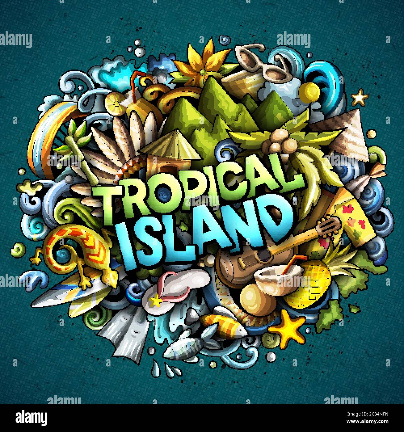 Tropical paradise hand drawn cartoon doodles illustration. Funny ...