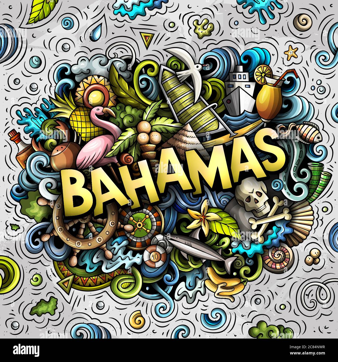 Bahamas hand drawn cartoon doodles illustration. Funny travel design ...