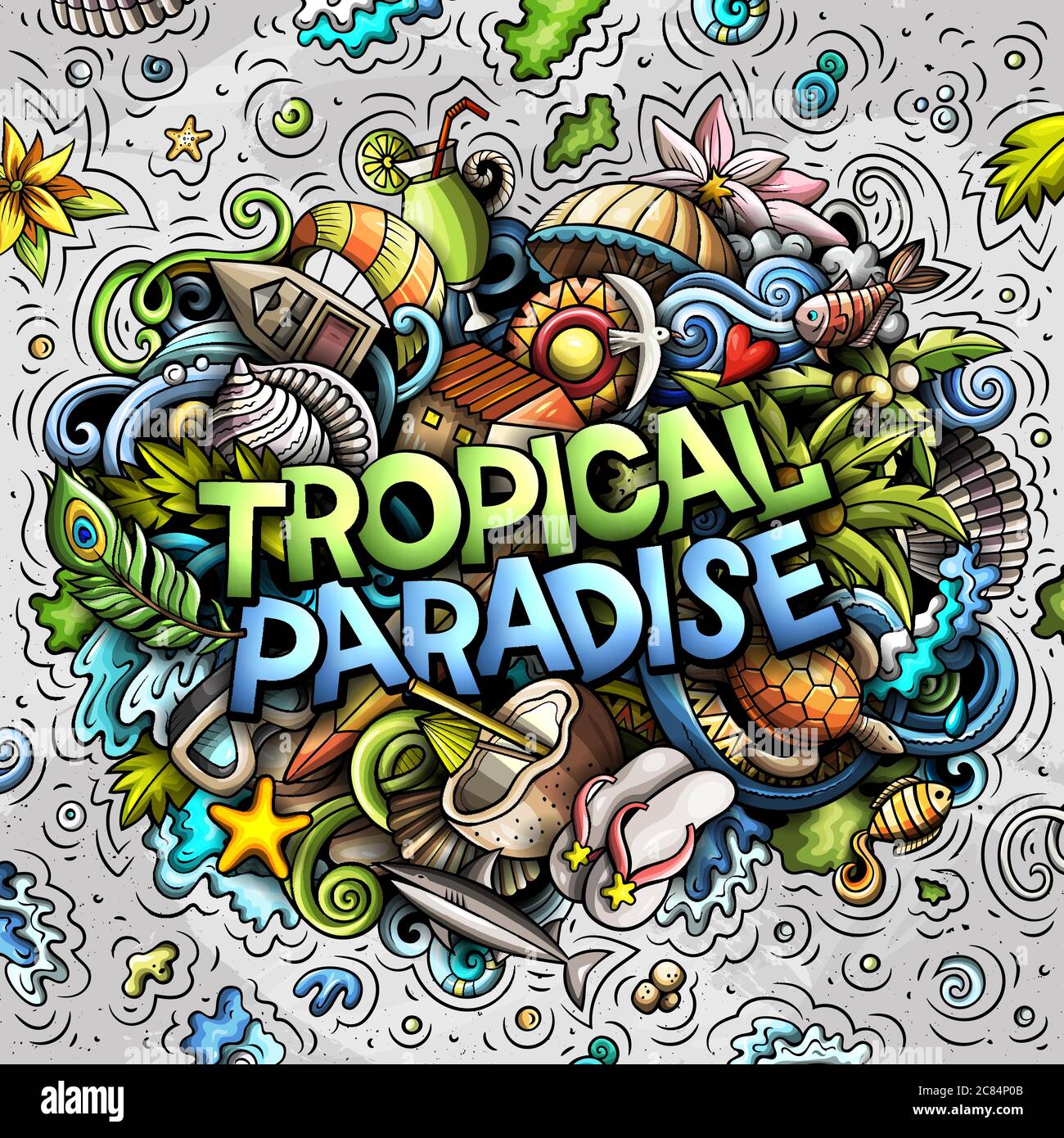 Tropical paradise hand drawn cartoon doodles illustration. Funny ...