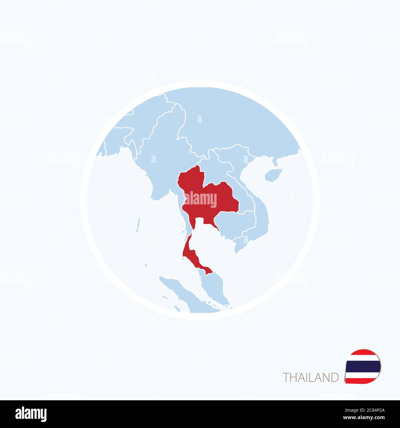 Map icon of Thailand. Blue map of Asia with highlighted Thailand in red ...