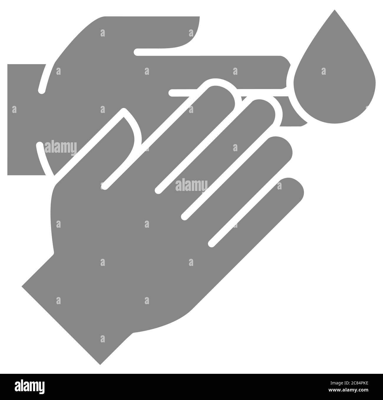 Human hands with disinfectant drop grey icon. Cleaning supply, hand ...