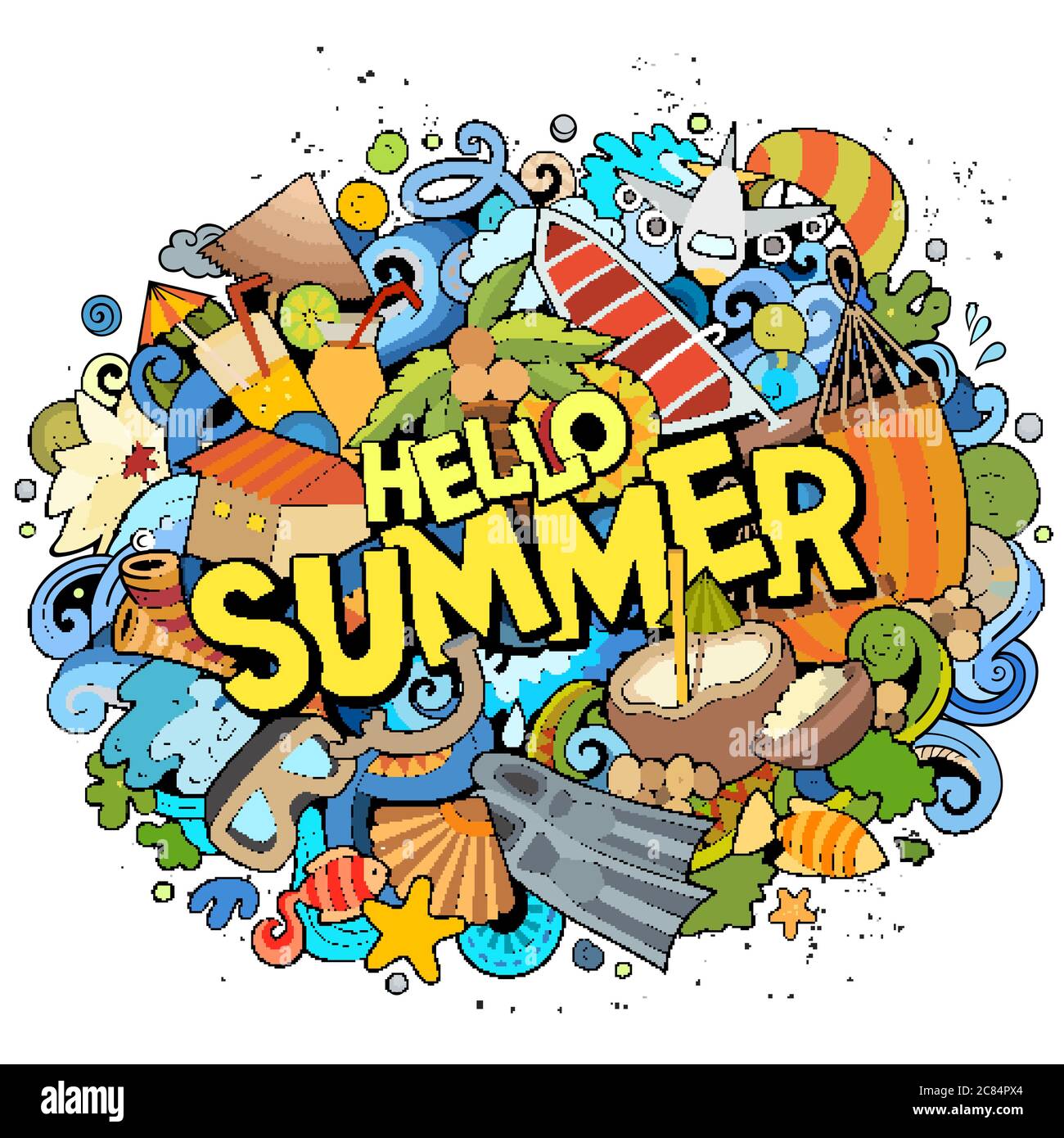 Hello Summer hand drawn cartoon doodles illustration. Funny seasonal ...
