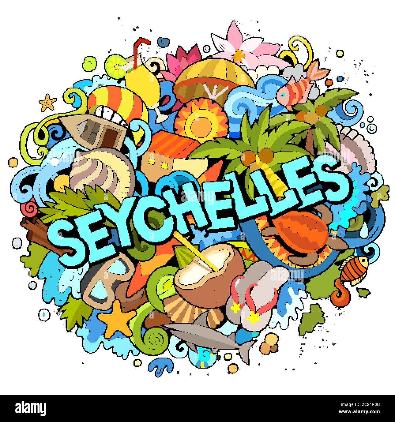 Seychelles hand drawn cartoon doodles illustration. Funny travel design ...