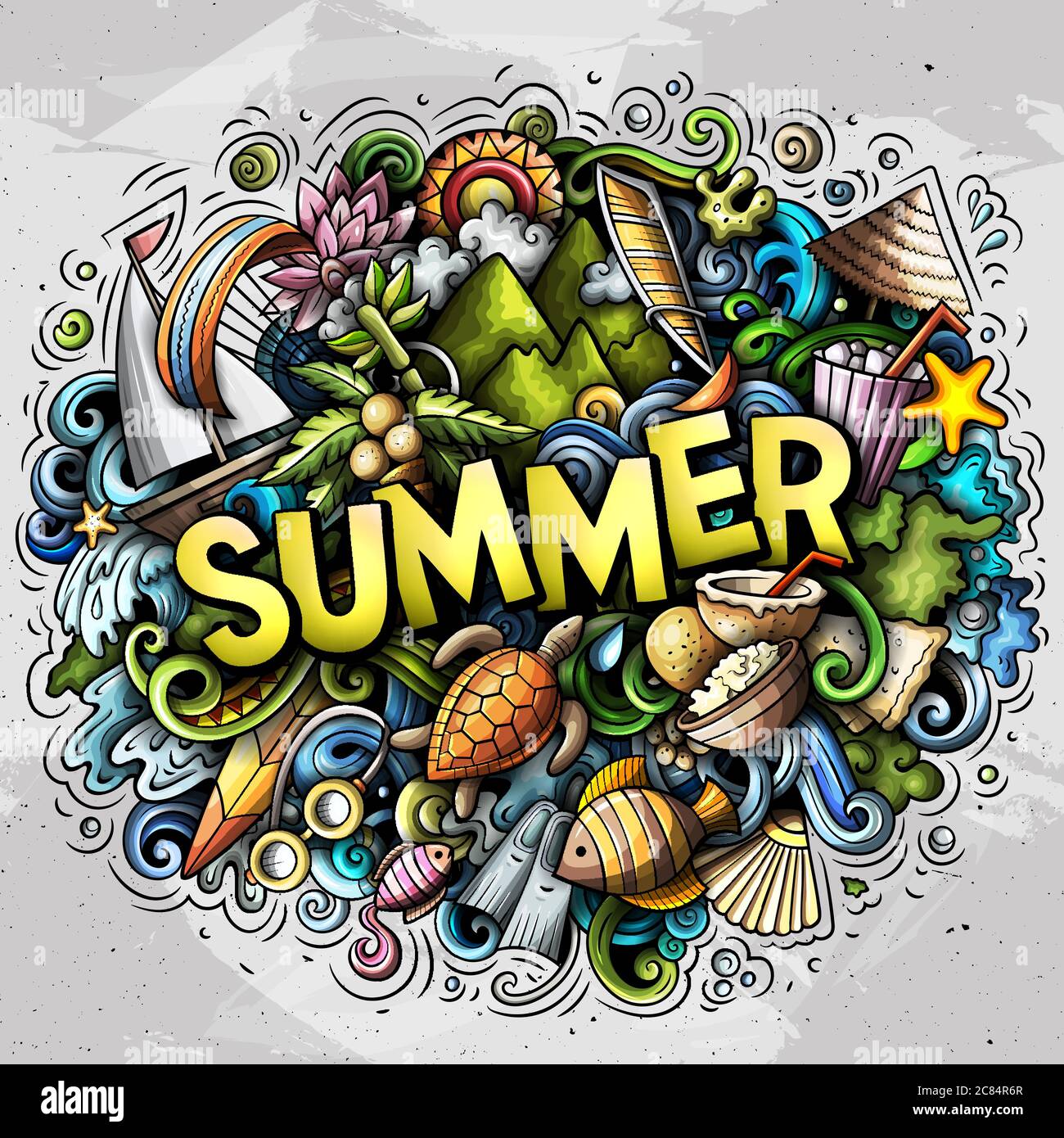 Summer hand drawn cartoon doodles illustration. Funny seasonal design ...