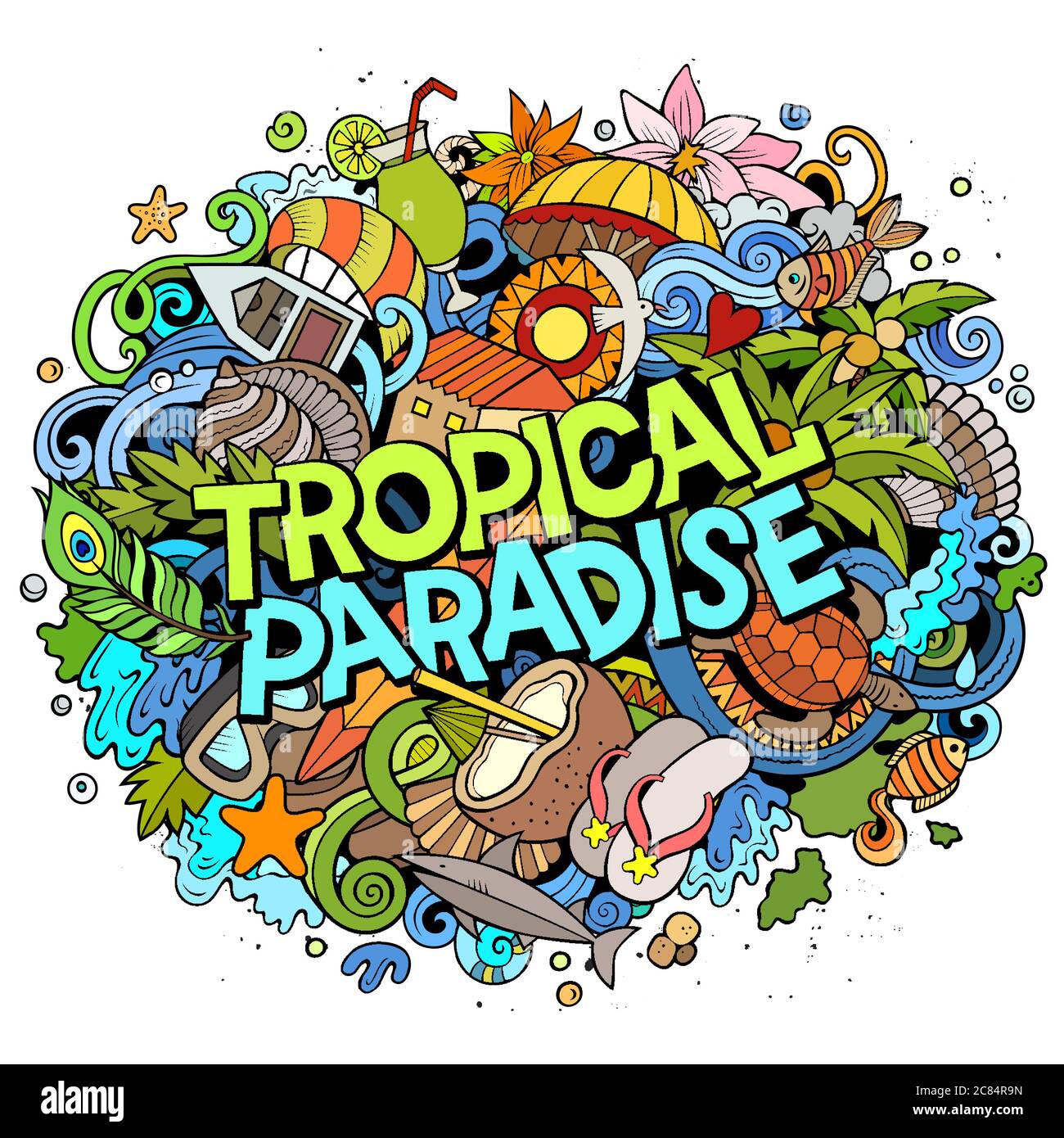 Tropical paradise hand drawn cartoon doodles illustration. Funny ...