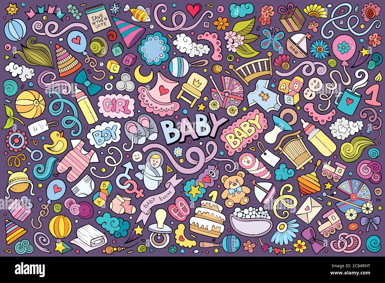 Colorful vector doodle cartoon set of Baby objects and symbols Stock ...