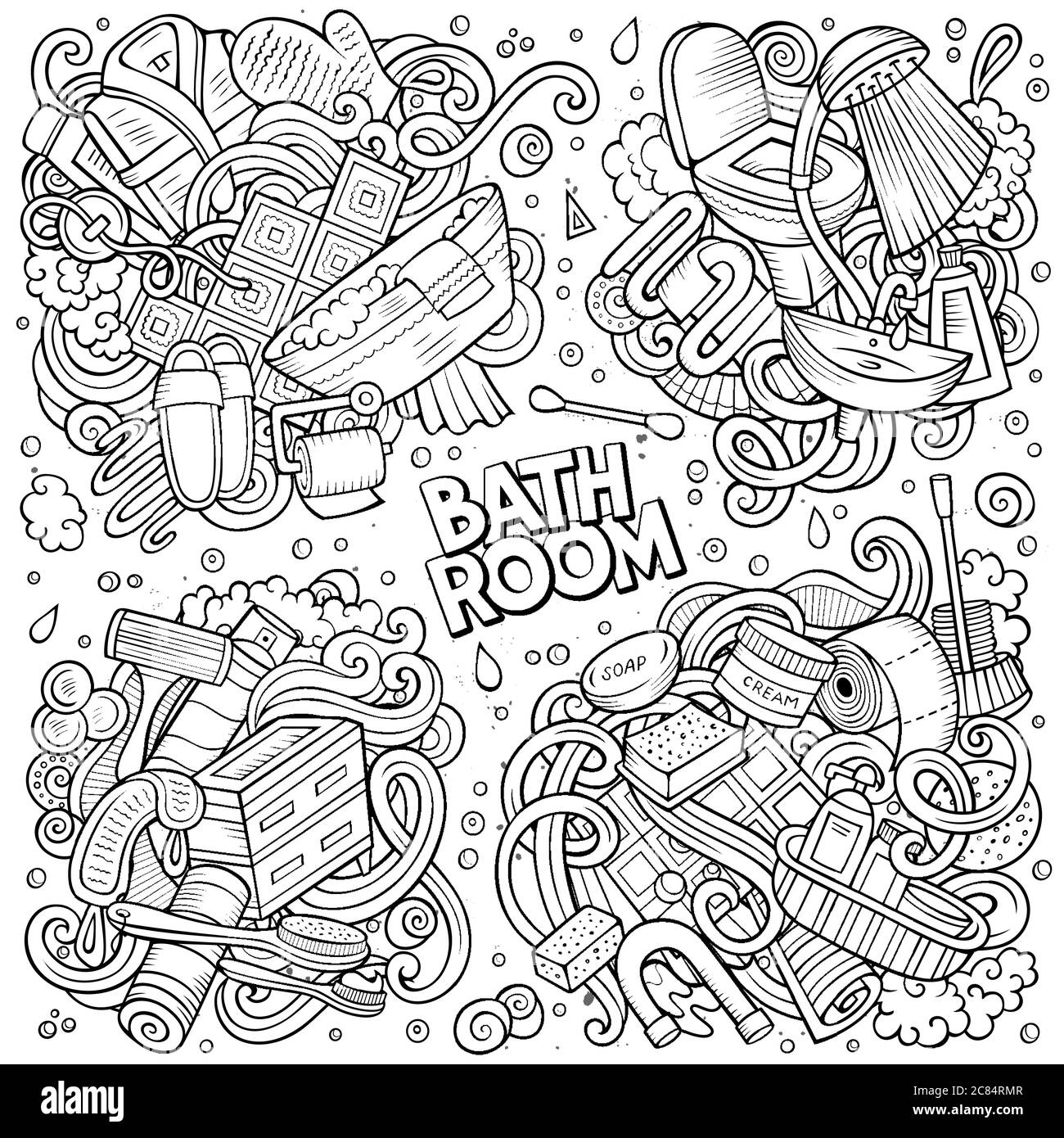 Line art vector doodles cartoon set of Bathroom combinations of objects ...