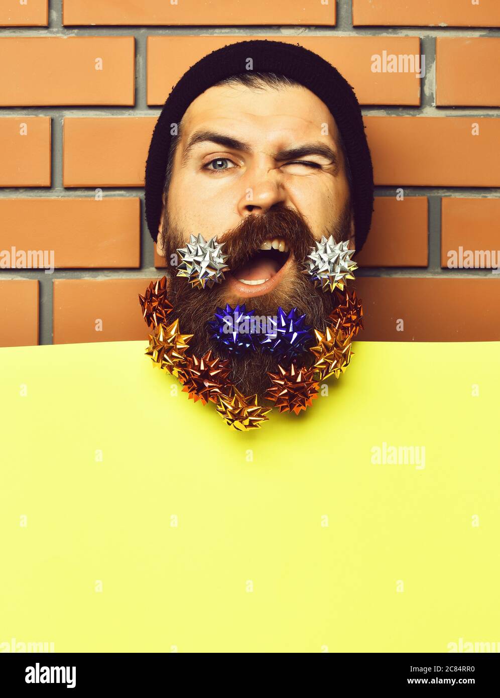 Bearded man, long beard. Brutal caucasian squinting hipster with ...