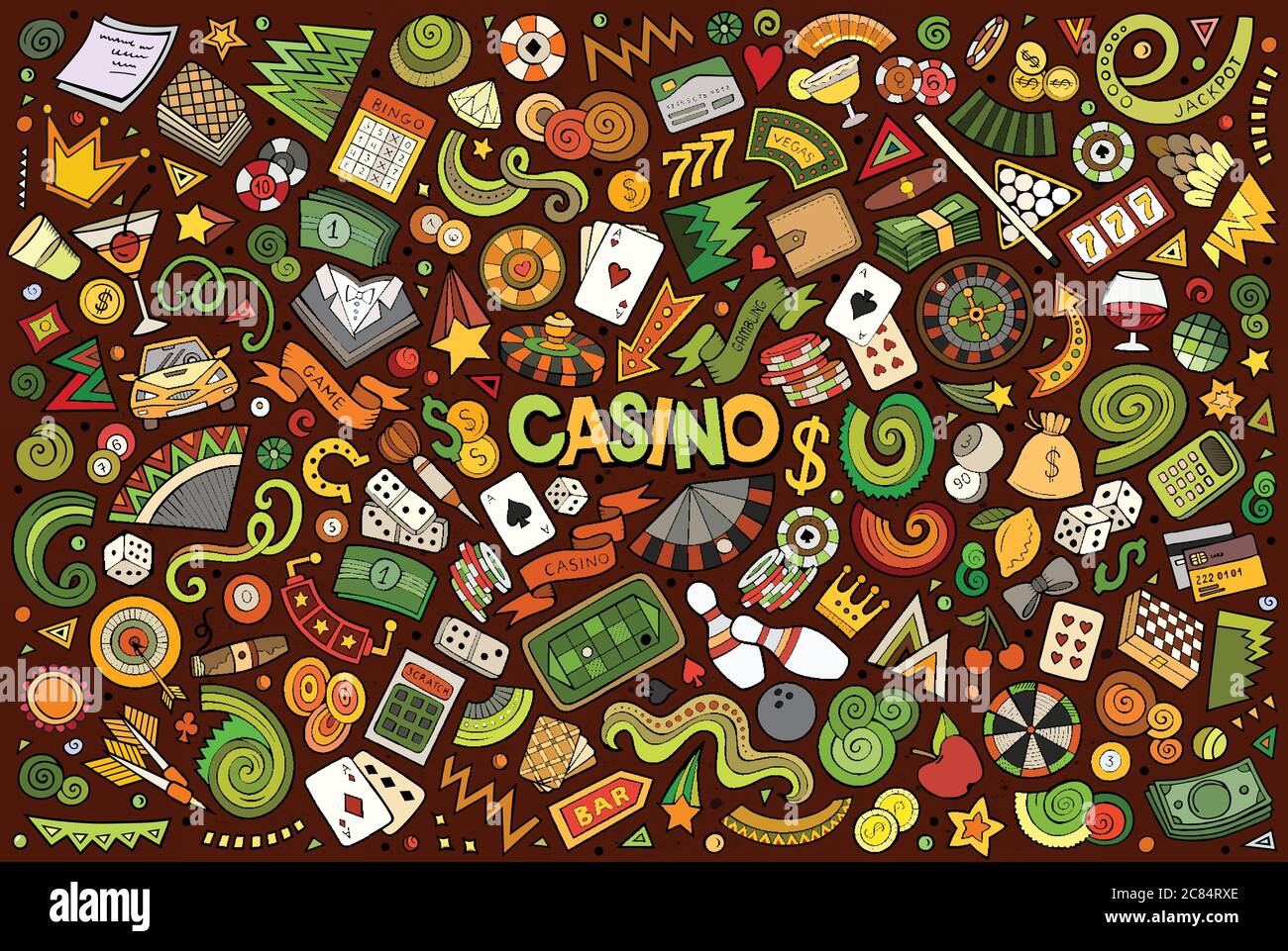 Colorful vector doodle cartoon set of Casino objects and symbols Stock ...