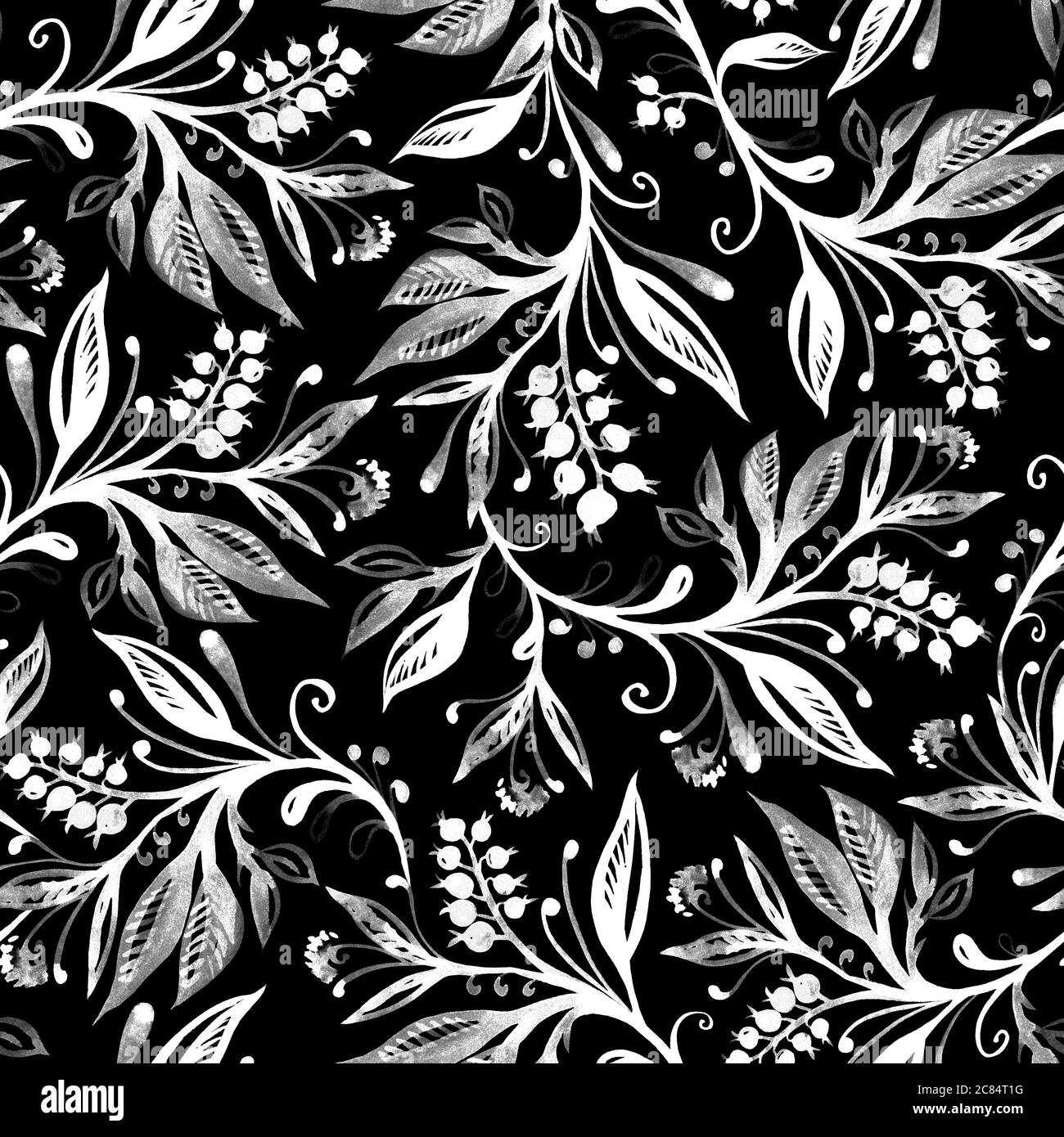 Floral seamless pattern with leaves and berries in greyscale on black ...