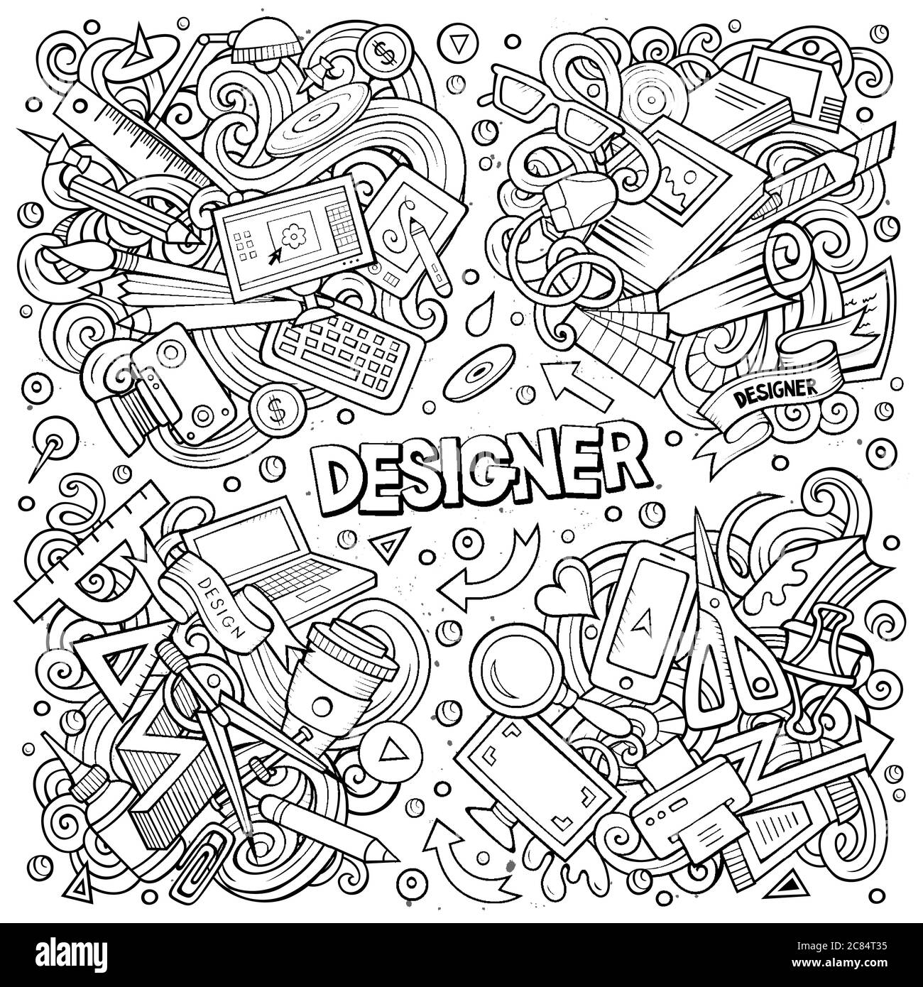 Line art vector doodles cartoon set of Designer combinations of objects ...