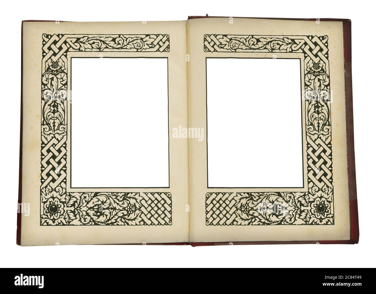 vintage book opened, with ornamented picture frames, rich ornamented ...