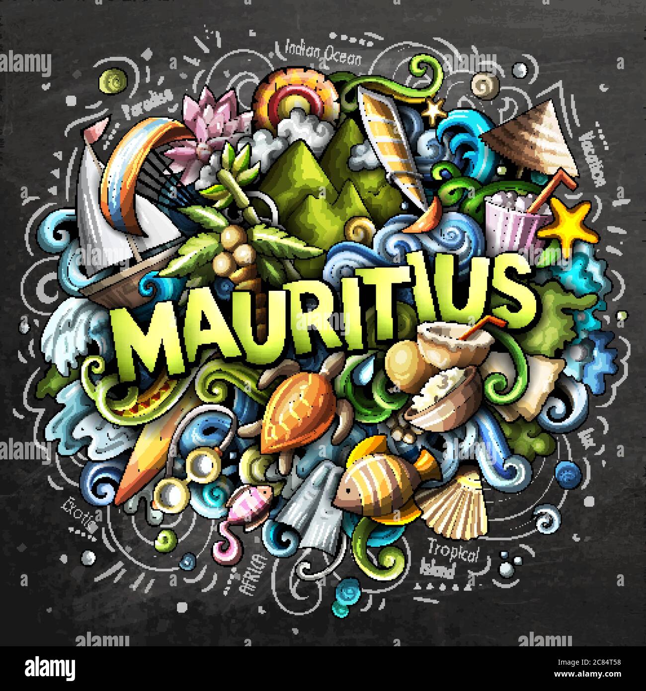 Mauritus hand drawn cartoon doodles illustration. Funny travel design ...