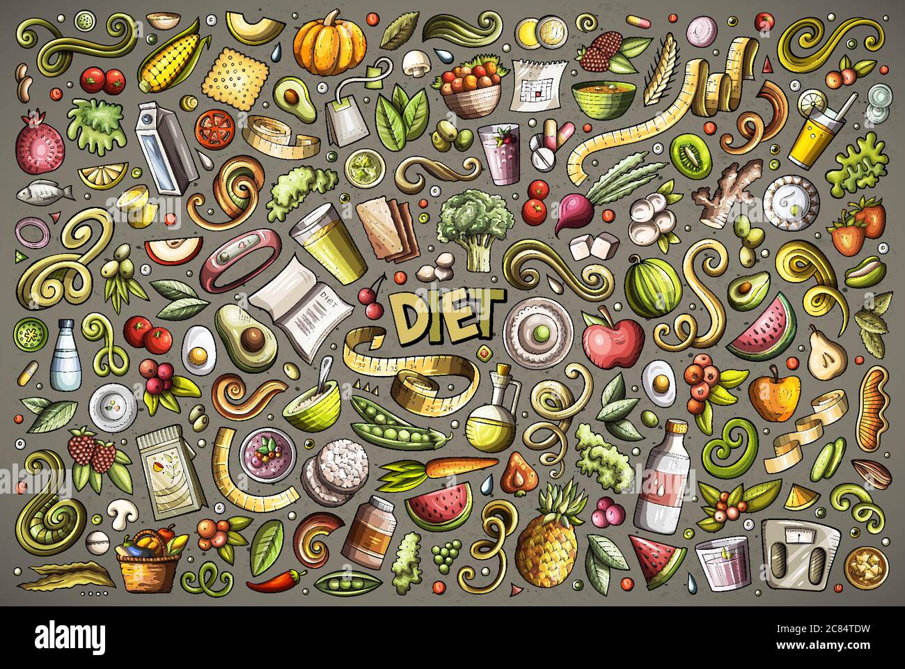 Vector doodles cartoon set of Diet food objects and elements Stock ...