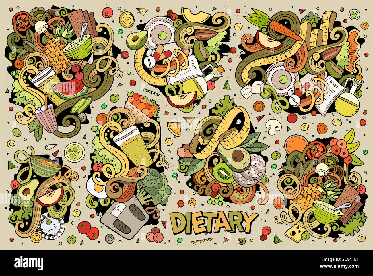 Vector doodles cartoon set of Diet food combinations of objects and ...