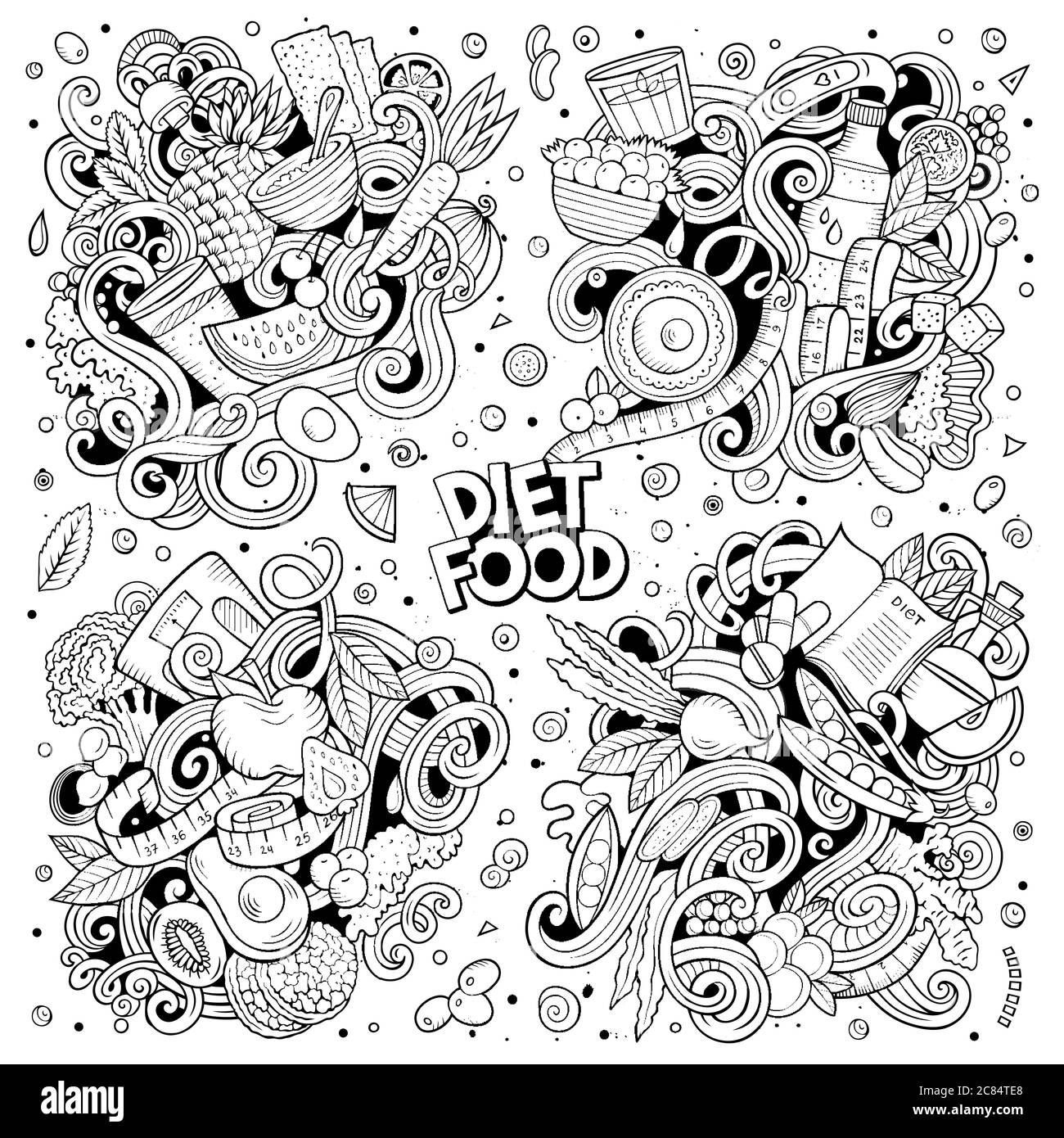 Vector doodles cartoon set of Diet food combinations of objects and ...