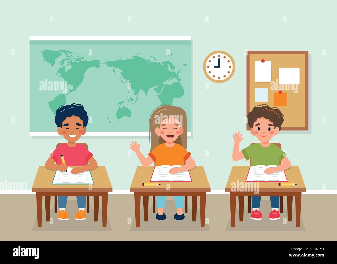 Happy children sitting in class at desks, map behind, back to school ...