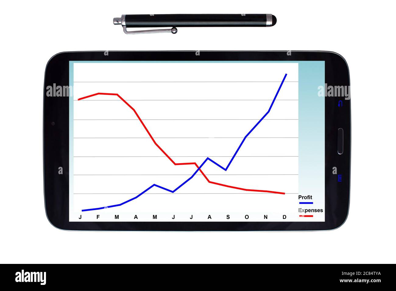 Tablet with a stylus displaying yearly profit growth graph on an ...