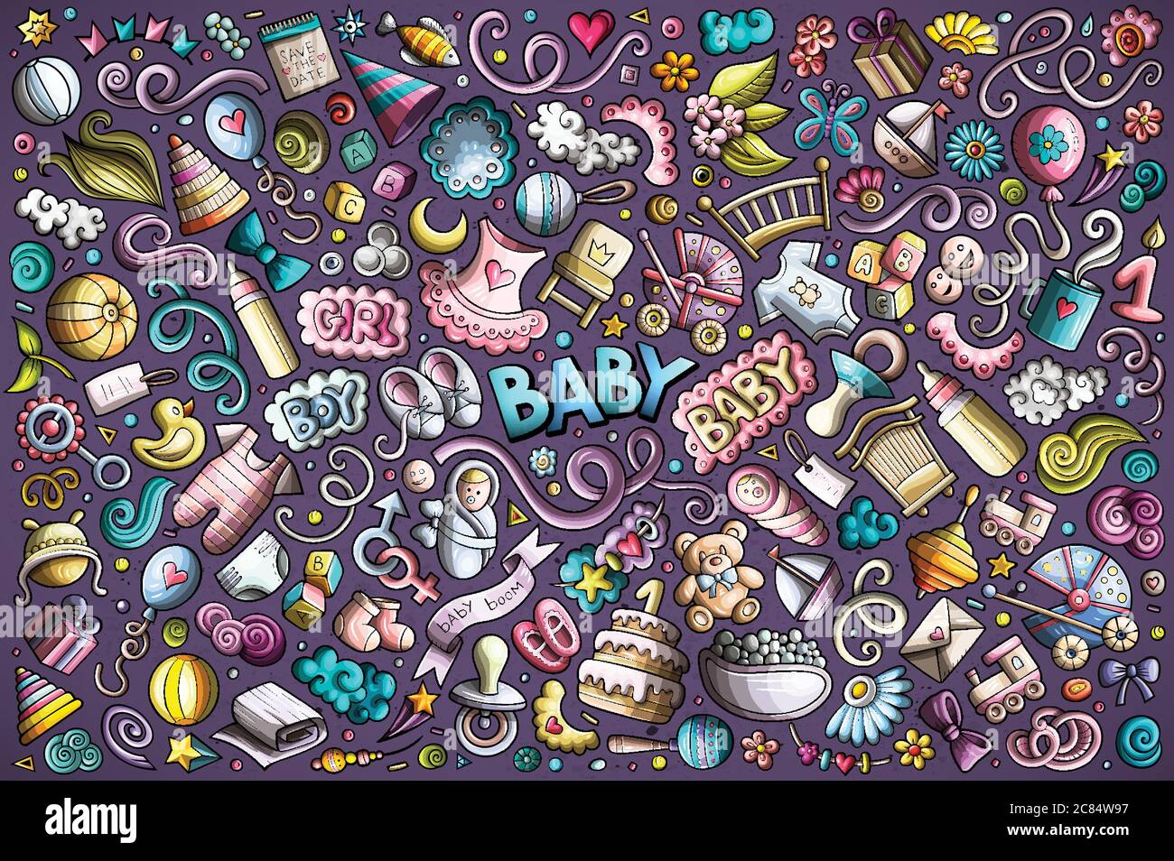 Colorful vector doodle cartoon set of Baby objects and symbols Stock ...