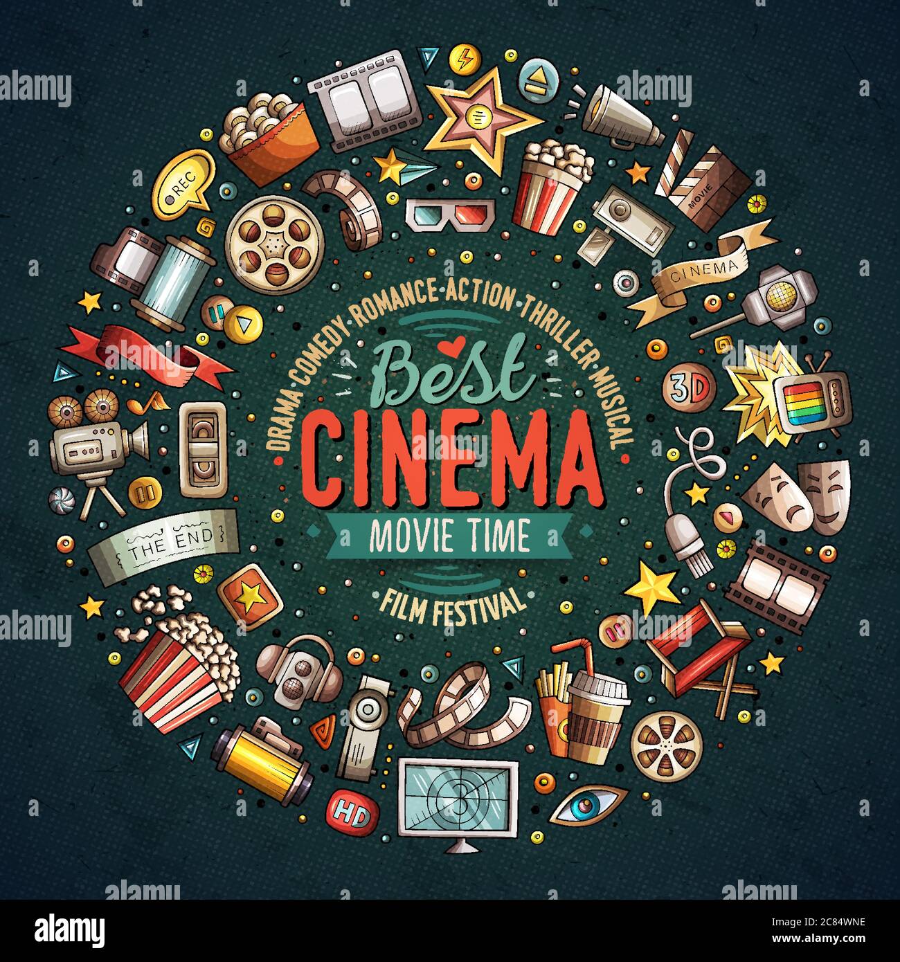 Set of Cinema cartoon doodle objects Stock Vector Image & Art - Alamy