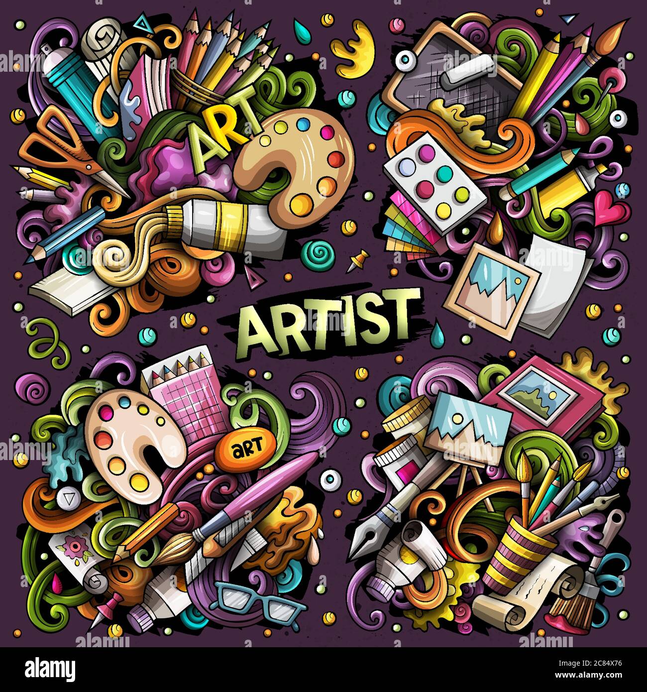 Colorful vector hand drawn doodles cartoon set of Artist objects and ...