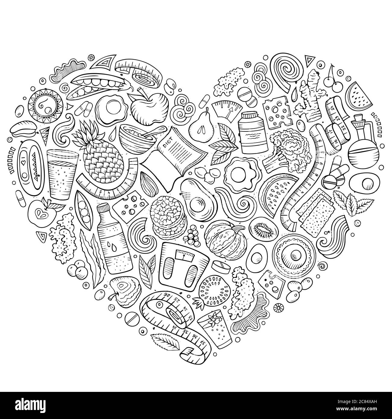 Set of vector cartoon doodle Diet food objects collected in a heart ...