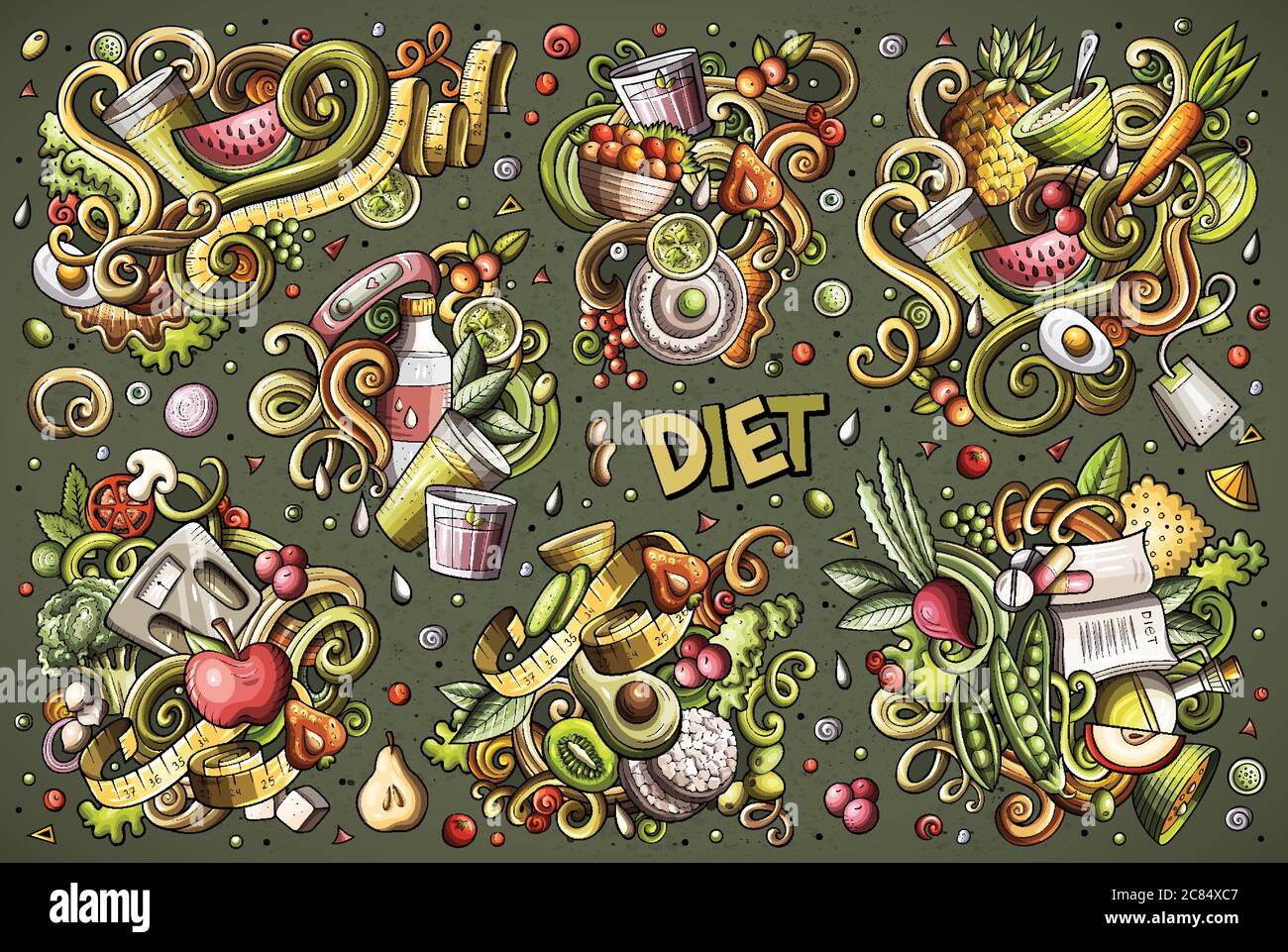 Vector doodles cartoon set of Diet food combinations of objects and ...
