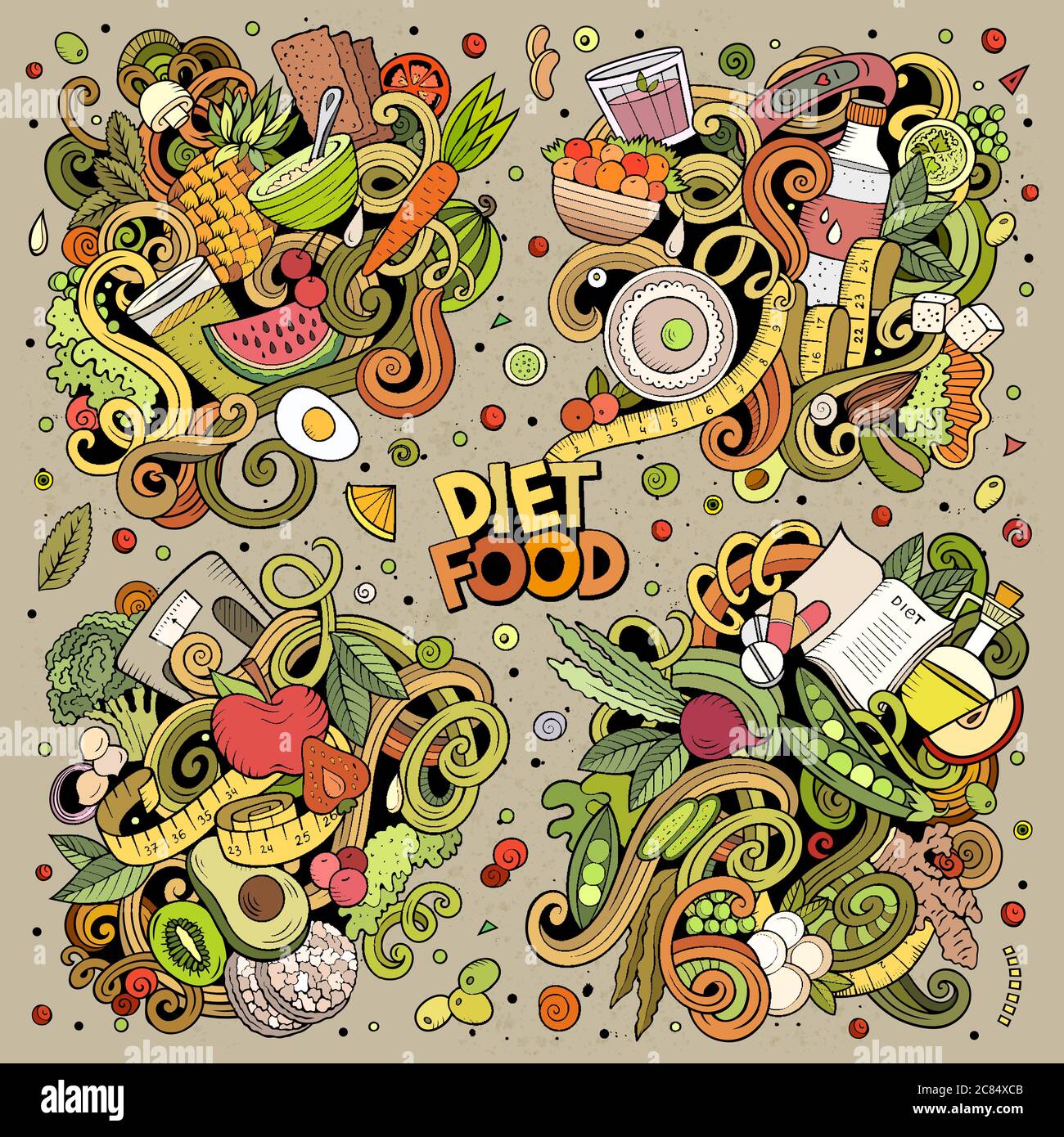 Vector doodles cartoon set of Diet food combinations of objects and ...