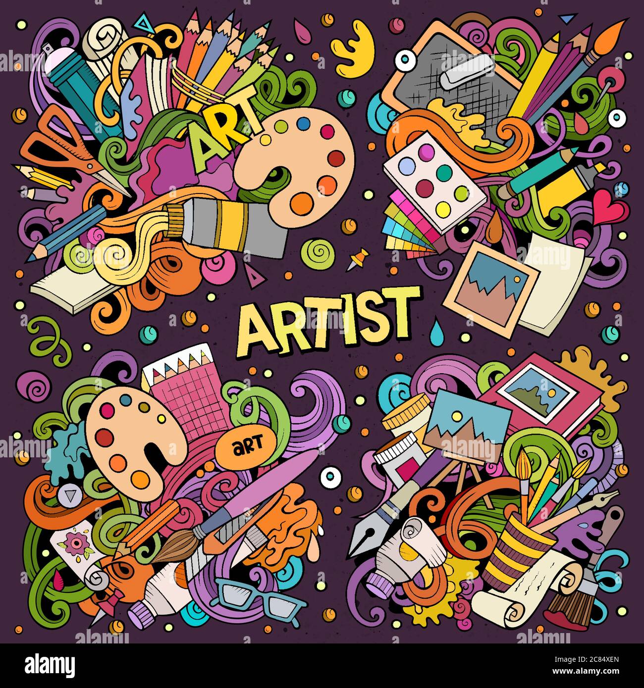 Colorful vector hand drawn doodles cartoon set of Artist combinations ...